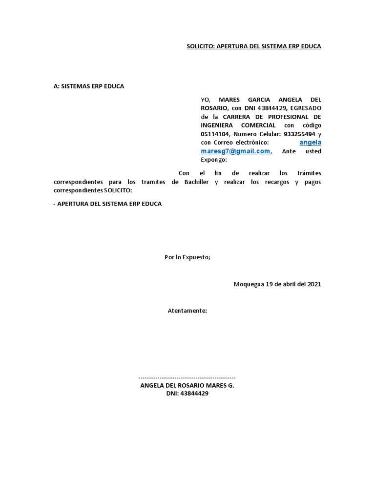 Solicitud Apertura ERP Educa | PDF
