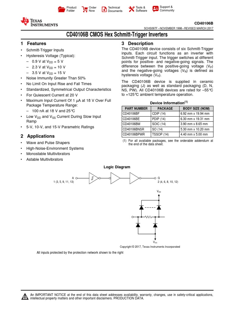 CD40106B CMOS Hex Schmitt-Trigger Inverters: 1 Features 3 Description ...