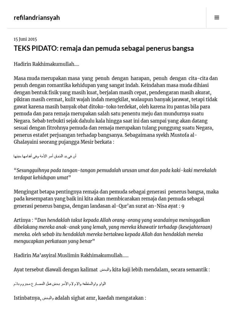 TEKS PIDATO - Remaja Dan Pemuda Sebagai Penerus Bangsa - Refilandriansyah | PDF