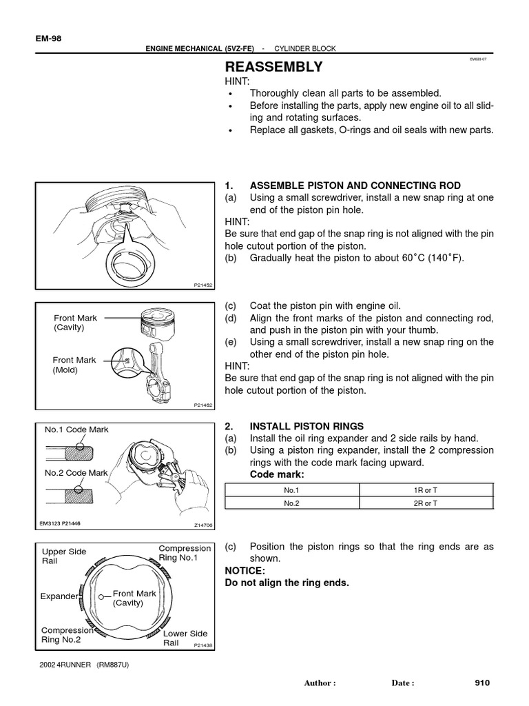 Reassembly: 1. Assemble Piston and Connecting Rod | PDF | Piston | Nut (Hardware)
