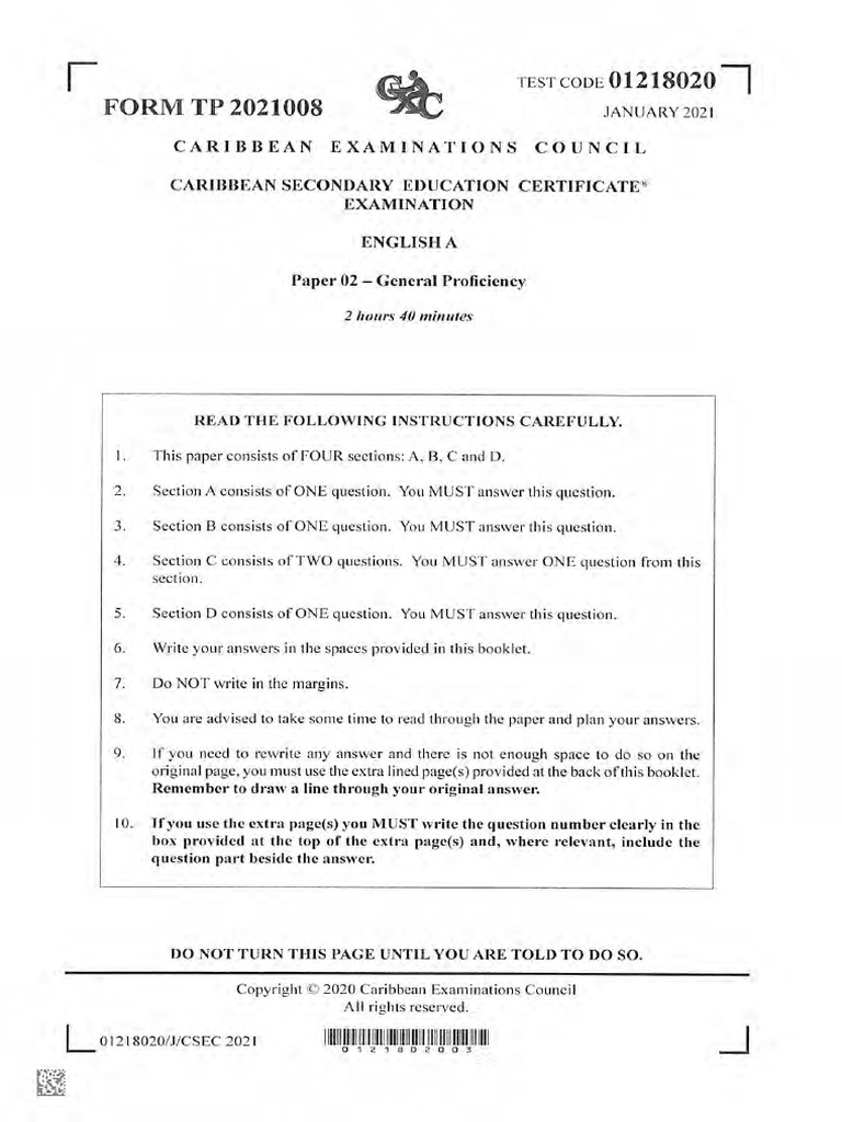 Csec English A January 2021 p2 PDF Free | PDF