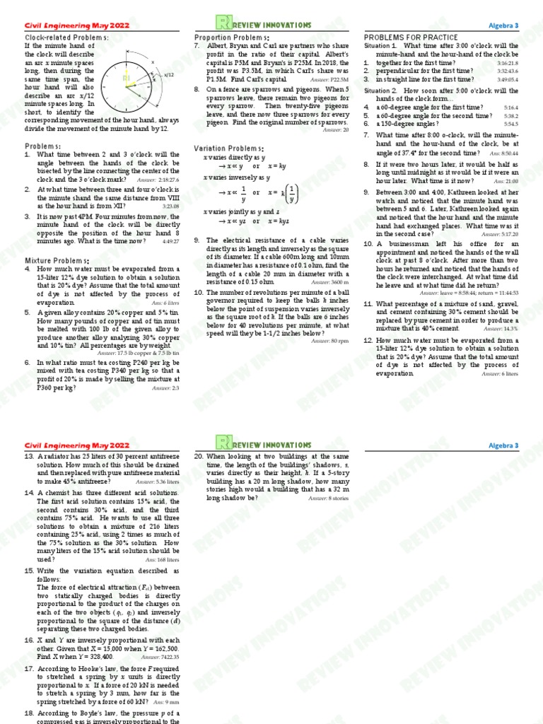 Clock-Related Problems: Proportion Problems Problems For Practice | PDF ...