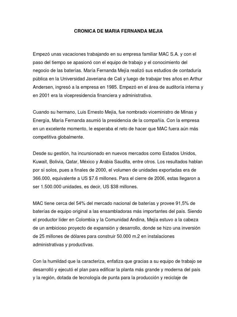 Cronica de Maria Fernanda Mejia | PDF | Economias