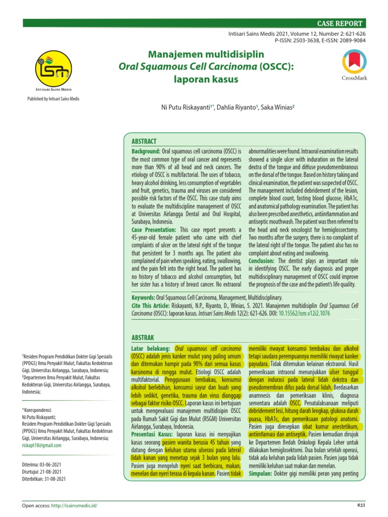 Manajemen Multidisiplin Oral Squamous Cell Carcinoma (OSCC) Laporan ...