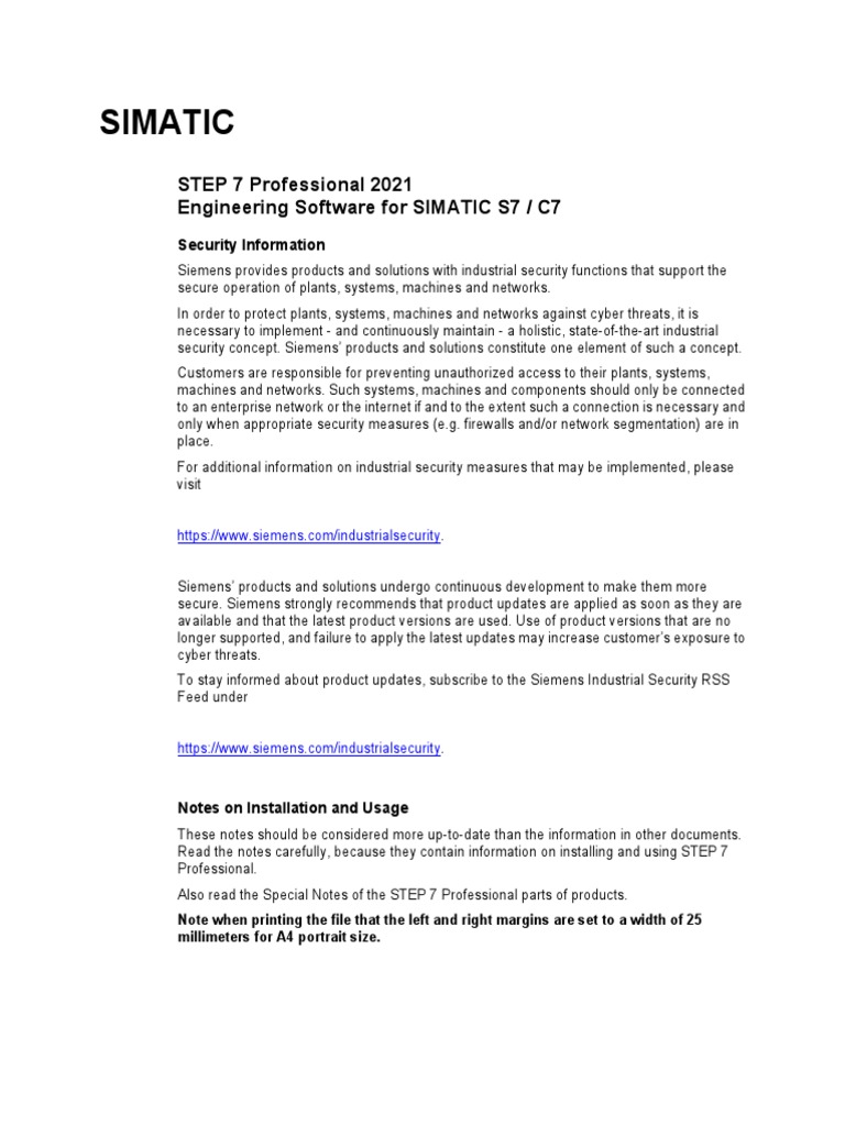 STEP 7 Professional 2021 ReadMe | PDF | Operating System | Installation (Computer Programs)