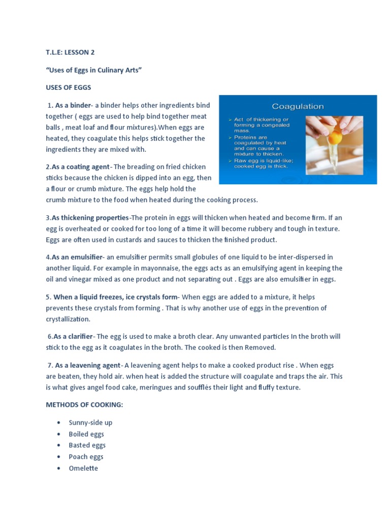 T.L.E: Lesson 2 "Uses of Eggs in Culinary Arts" Uses of Eggs | Download ...