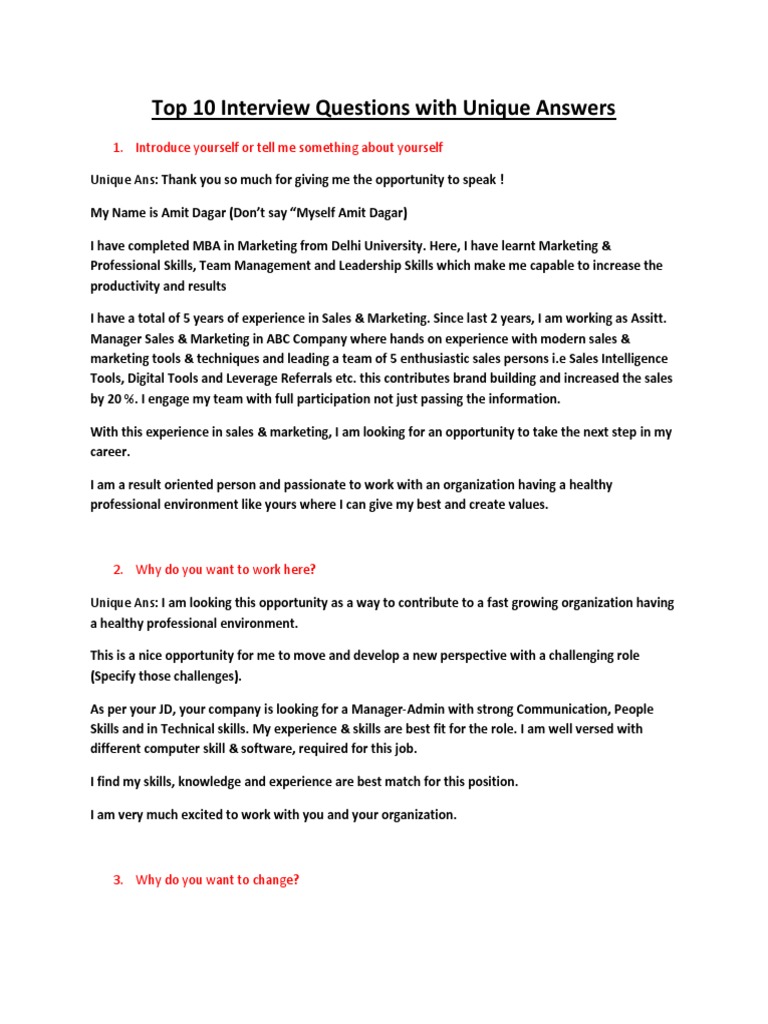 Unique Responses to Common Interview Questions: Demonstrating Strong ...