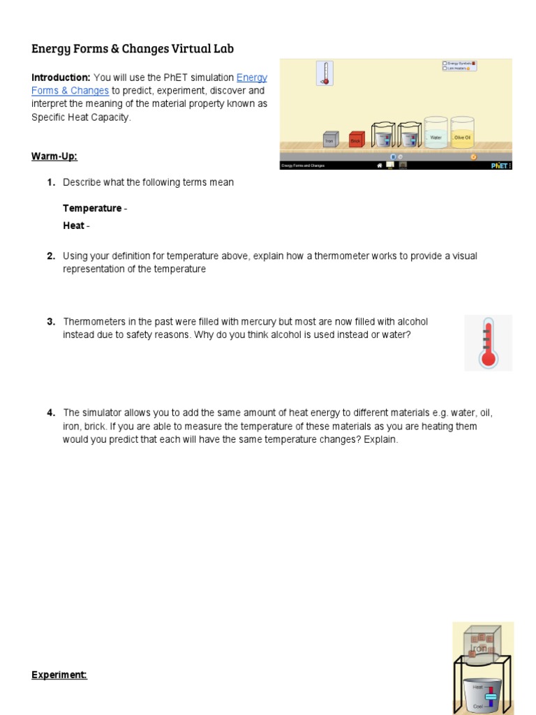 PhET - Energy Forms & Changes Virtual Lab | PDF | Heat | Temperature