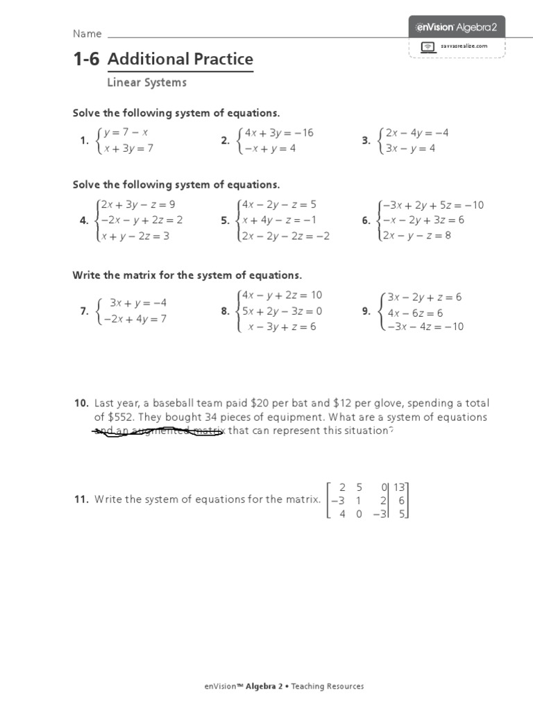 1.6 Additional Practice | PDF | System Of Linear Equations | Equations
