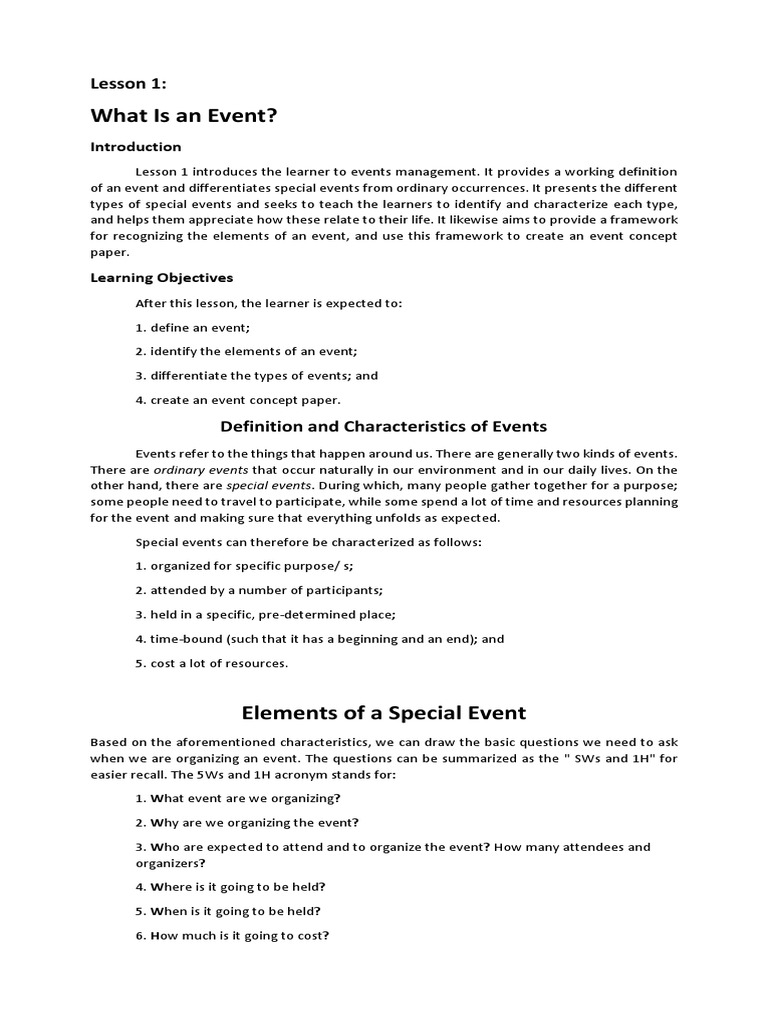What Is An Event?: Lesson 1 | PDF | Learning | Sales