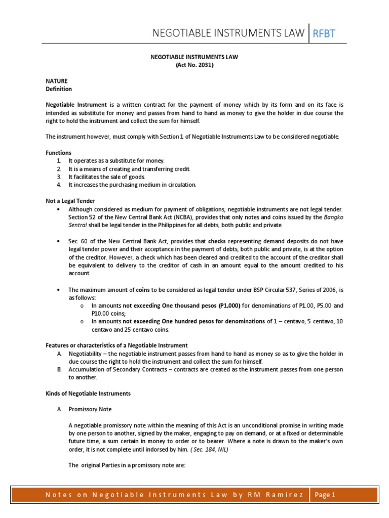 Negotiable Instrument Notes | PDF | Negotiable Instrument | Promissory Note