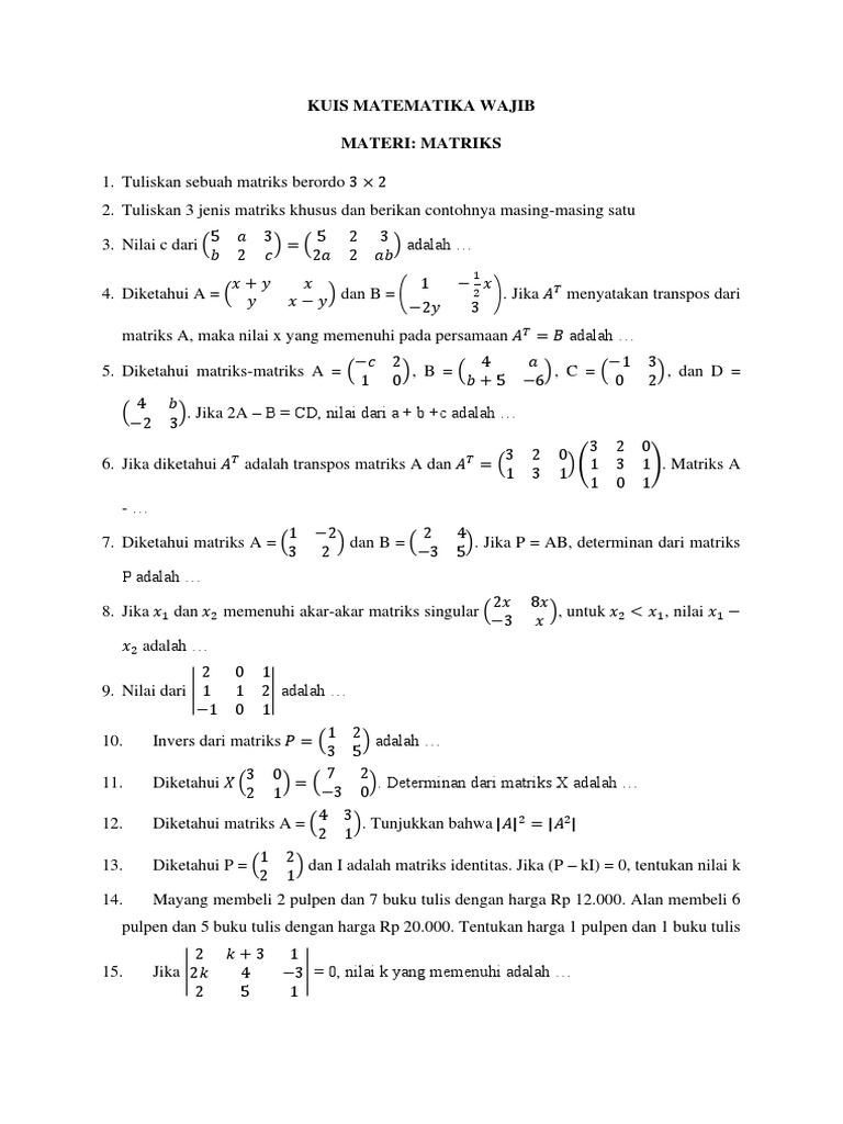 Kuis MTK Wajib - Matriks | PDF