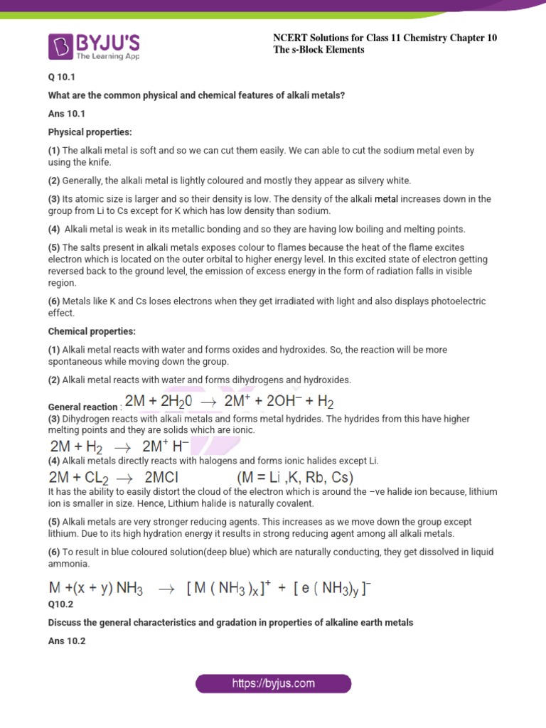 Ncert Solutions For Class 11 Chemistry Jan11 Chapter 10 The S Block ...