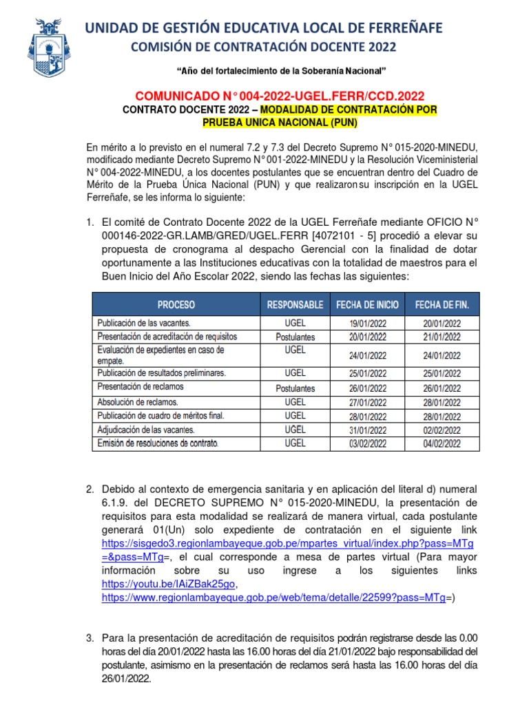 Comunicado #004 2022 UGEL FERR CCD2022 | PDF