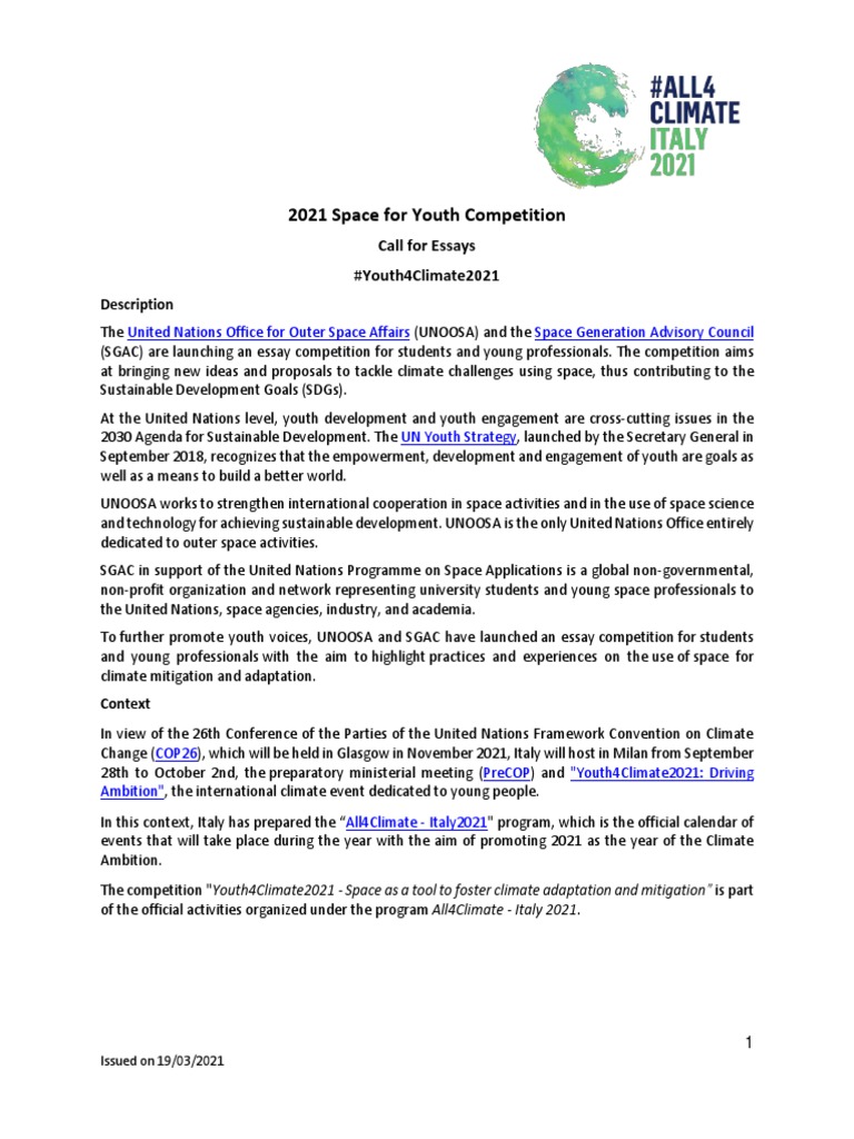 Space4Youth Competition 2021 Call For Essays Final | PDF | Climate Change Mitigation