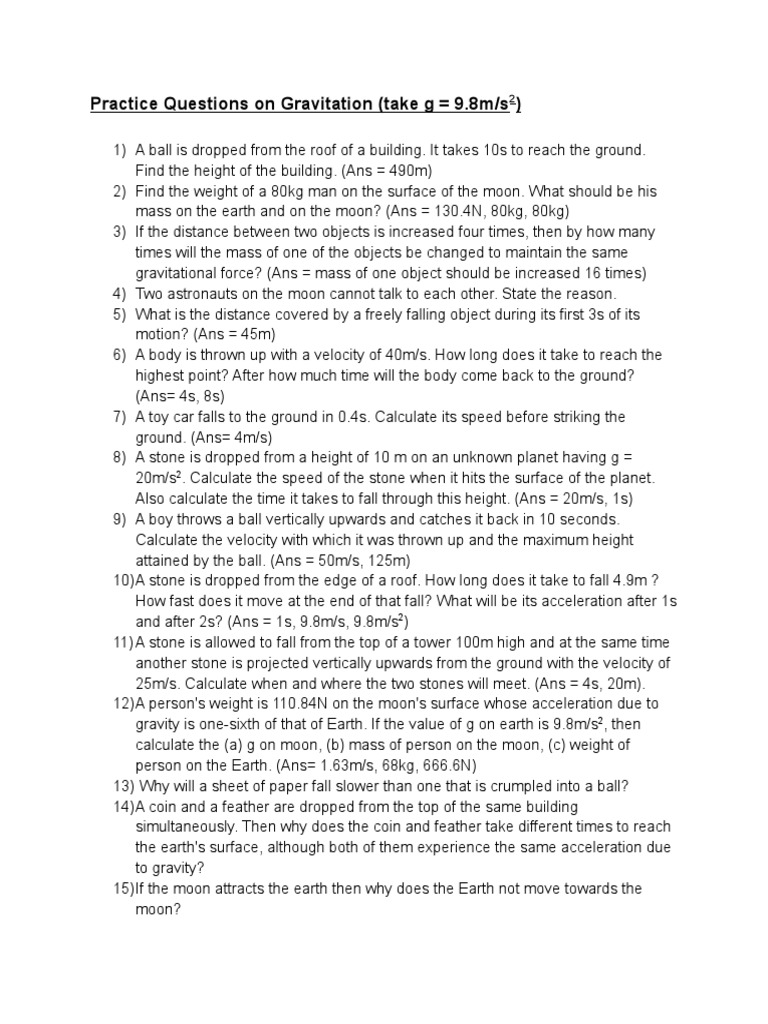 Class 9 - Practice Questions On Gravitation | PDF | Gravity | Mass