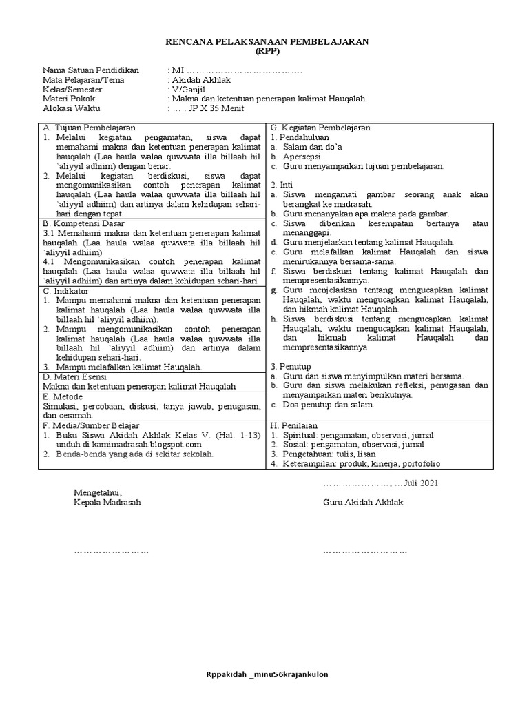 RPP Akidah Akhlak KLS 5 Semester 2 | PDF | Karier & Perkembangan