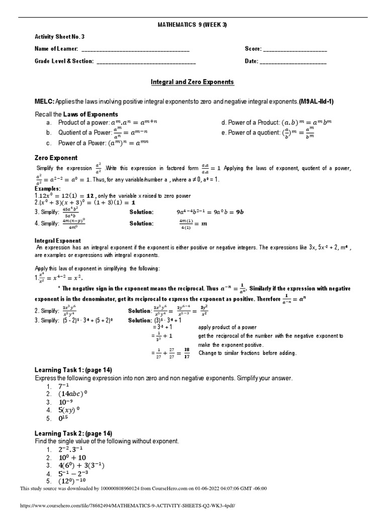 Mathematics 9 Activity Sheets Q2 WK3 4 PDF | PDF | Exponentiation | Square Root