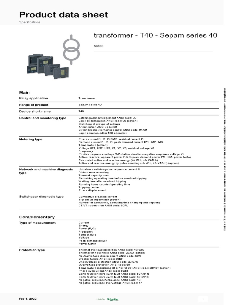 Product Data Sheet: Transformer - T40 - Sepam Series 40 | Download Free PDF | Electronics ...