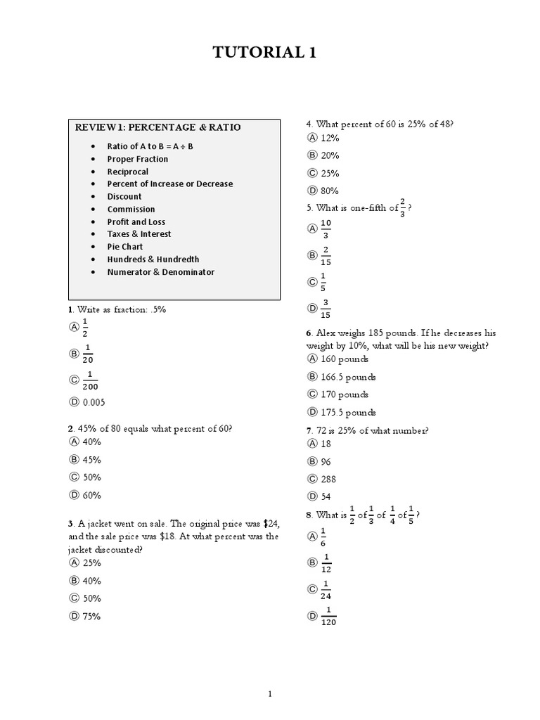 Tutorial 1: Review 1: Percentage & Ratio | PDF | Percentage