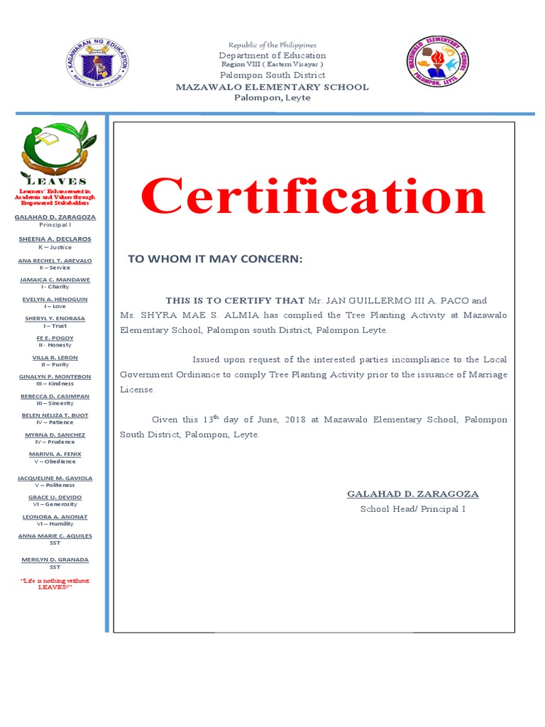 Certification of Tree Planting | PDF