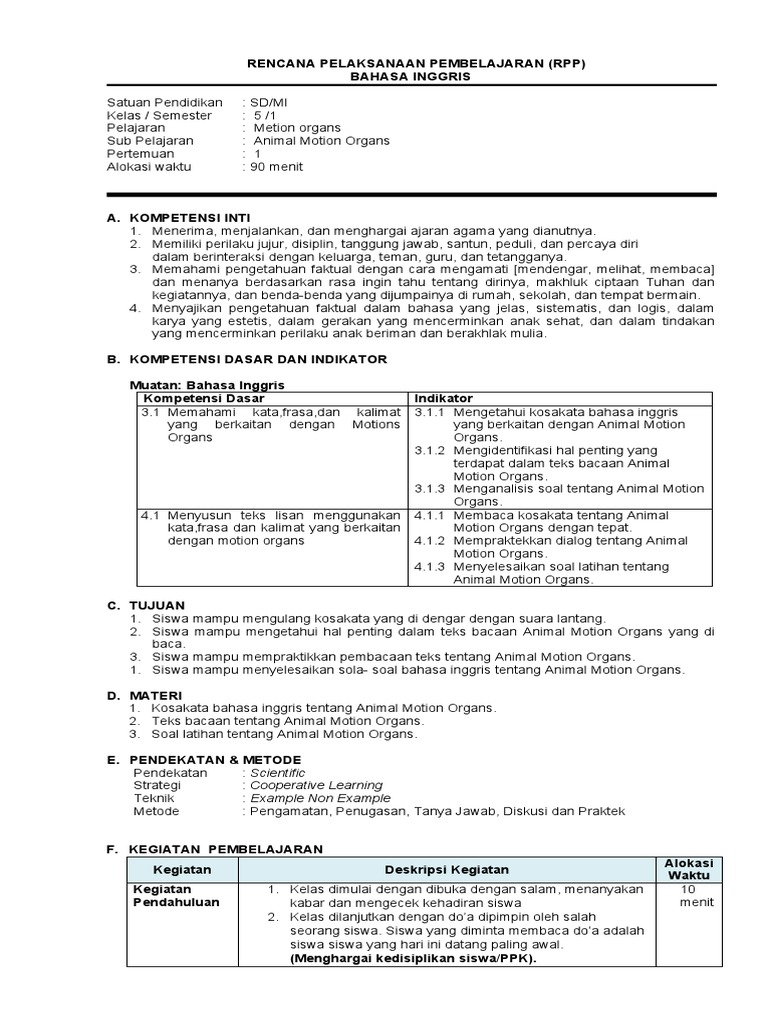 RPP Pembelajaran Animal Motion Organs | PDF