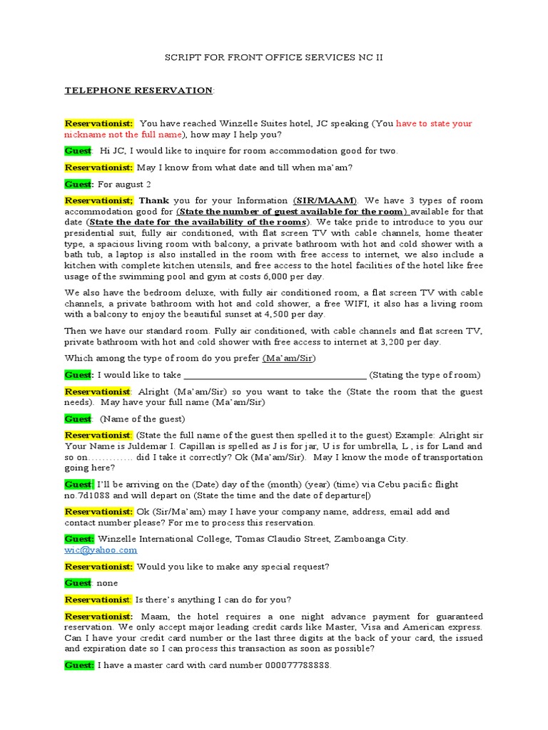 Front Office Services Roleplay Script | PDF | Credit Card | Bathroom