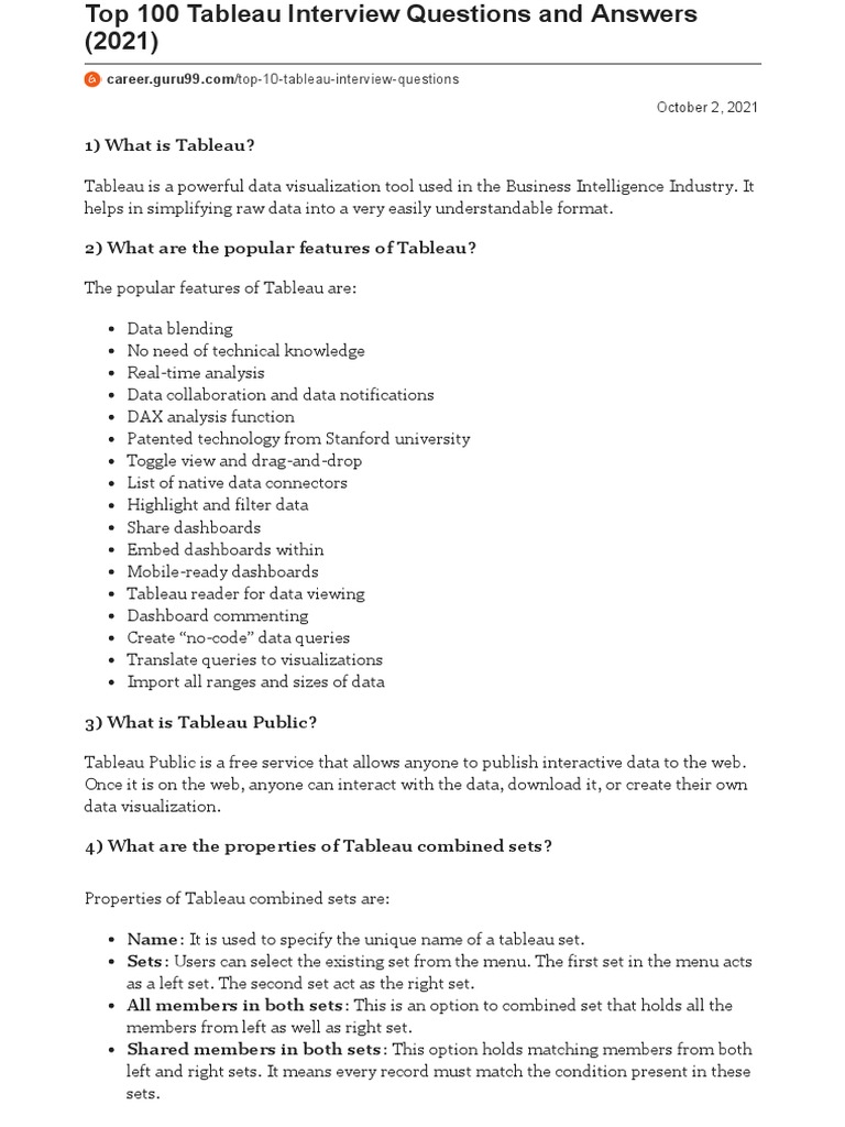 Top 100 Tableau Interview Questions and Answers (2021) | PDF ...