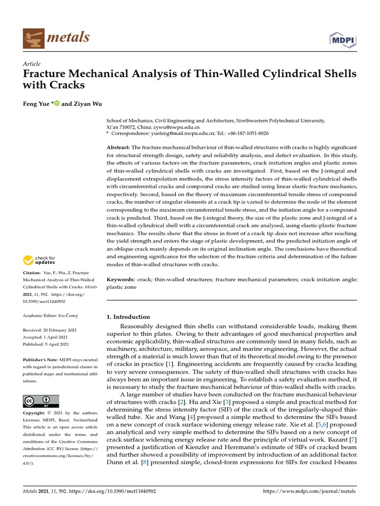 Metals: Fracture Mechanical Analysis of Thin-Walled Cylindrical Shells ...