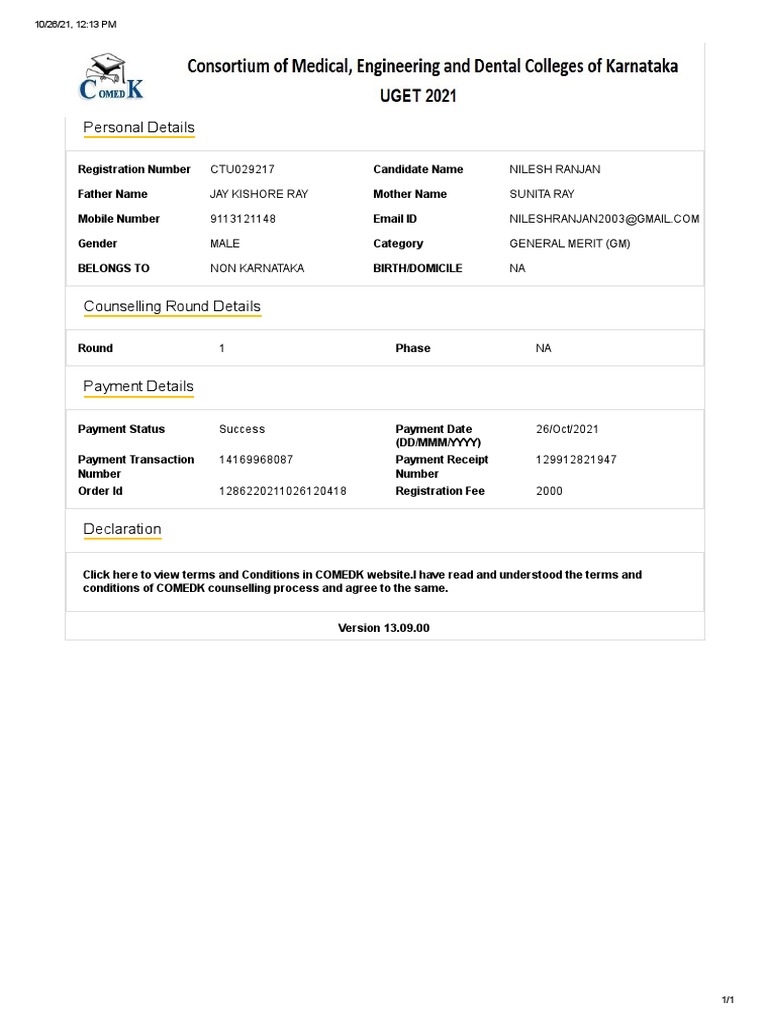 COMEDK 2021 Registration Payment Receipt | PDF