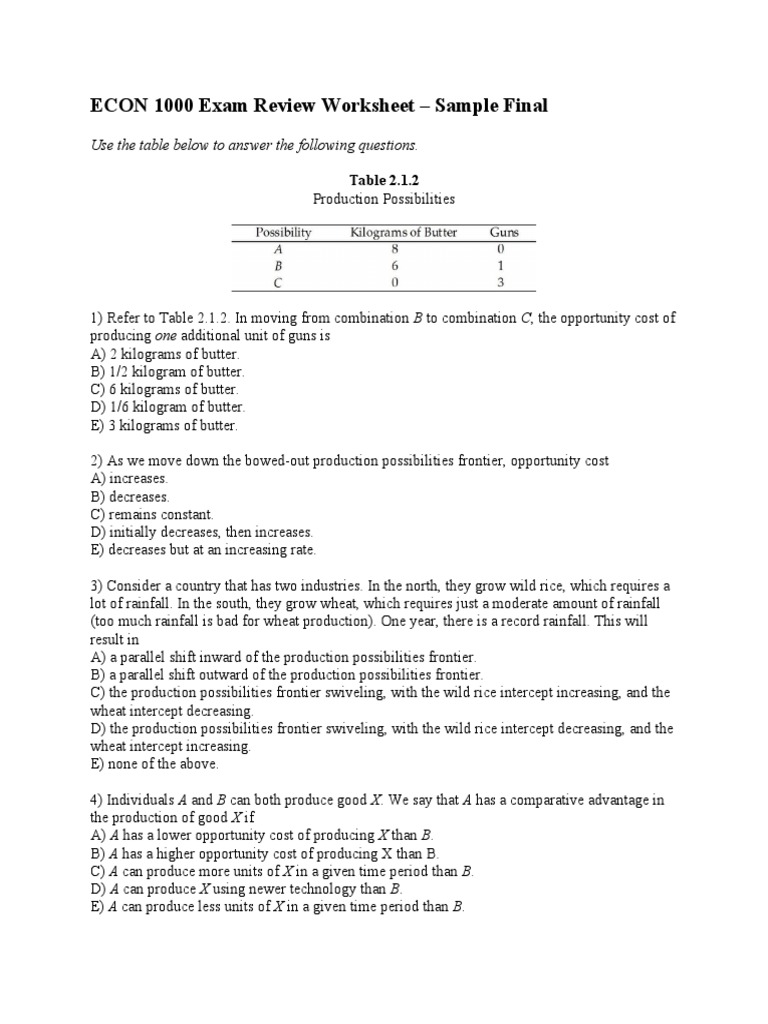 ECON 1000 Exam Review Worksheet - Sample Final: Use The Table Below To ...