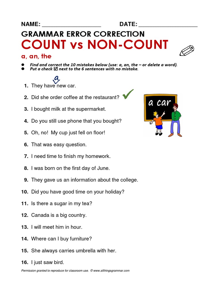 Count and Non-Count Nouns - Grammar Worksheet | PDF