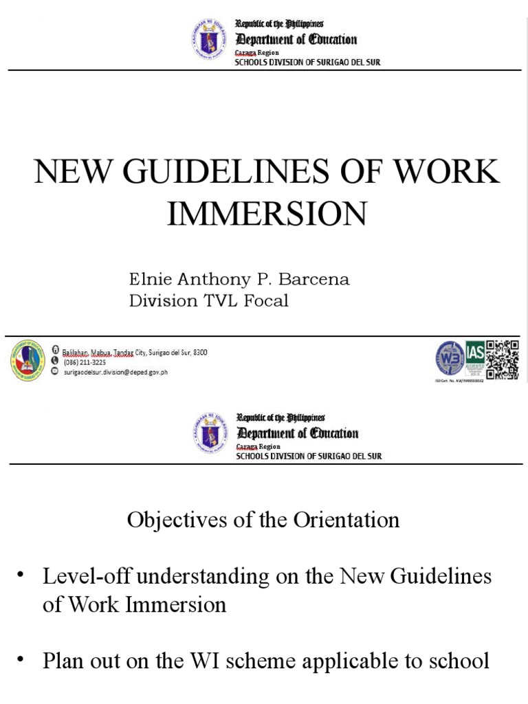 New Guidelines of Work Immersion: Elnie Anthony P. Barcena Division TVL ...