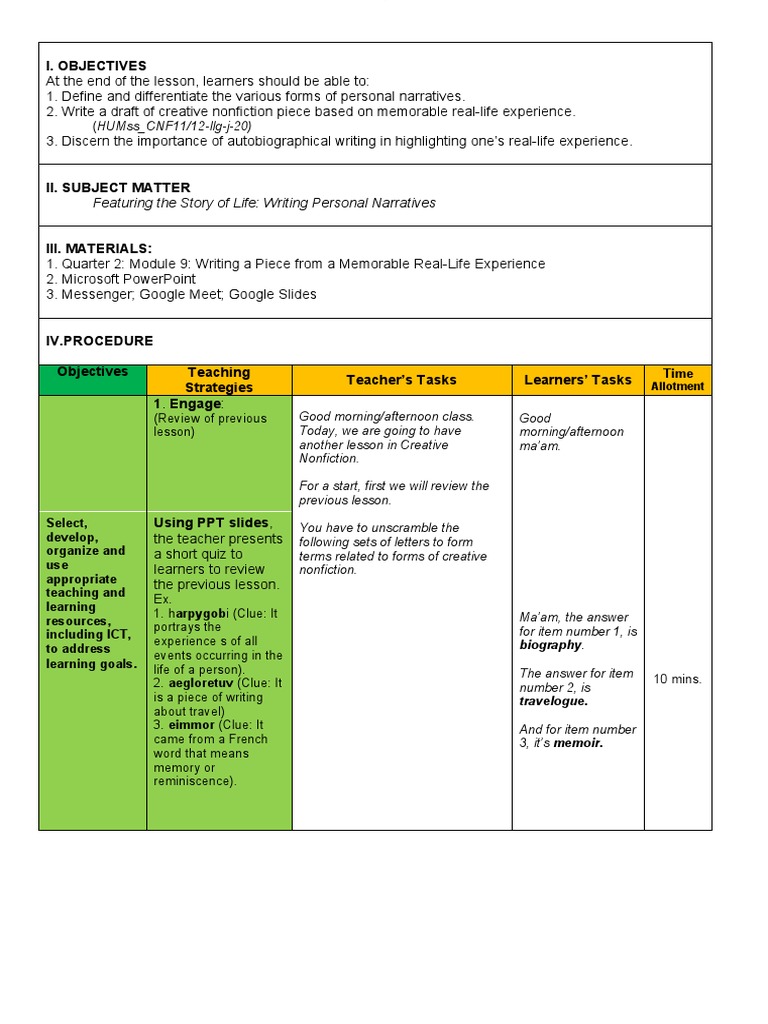 Detailed Lesson Plan in Creative Nonfiction | PDF | Curriculum | Teachers