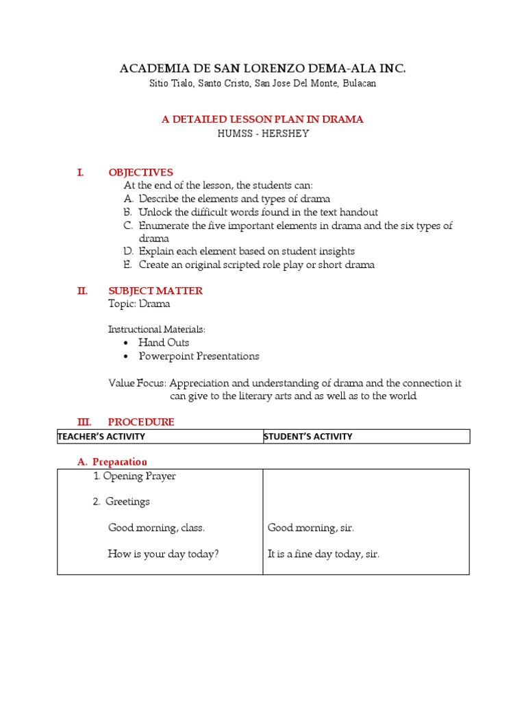 Alvarez Lesson Plan For Drama | PDF | Play (Theatre) | Lesson Plan