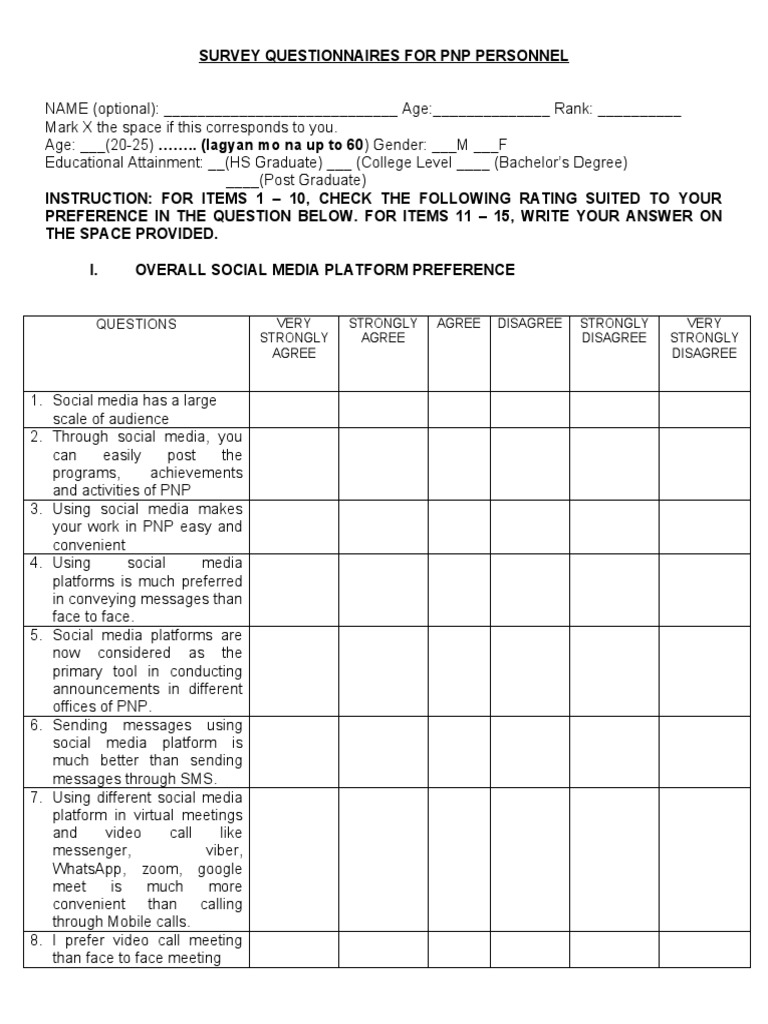 Sample Survey Questionnaire | PDF | Social Media | Popular Culture ...