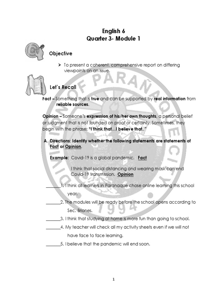 English 6 Quarter 3-Module 1: Objective | Download Free PDF | Learning