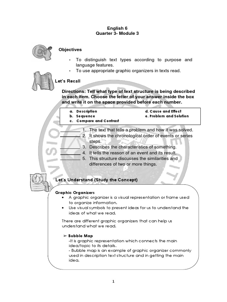 A. Description D. Cause and Effect B. Sequence E. Problem and Solution ...