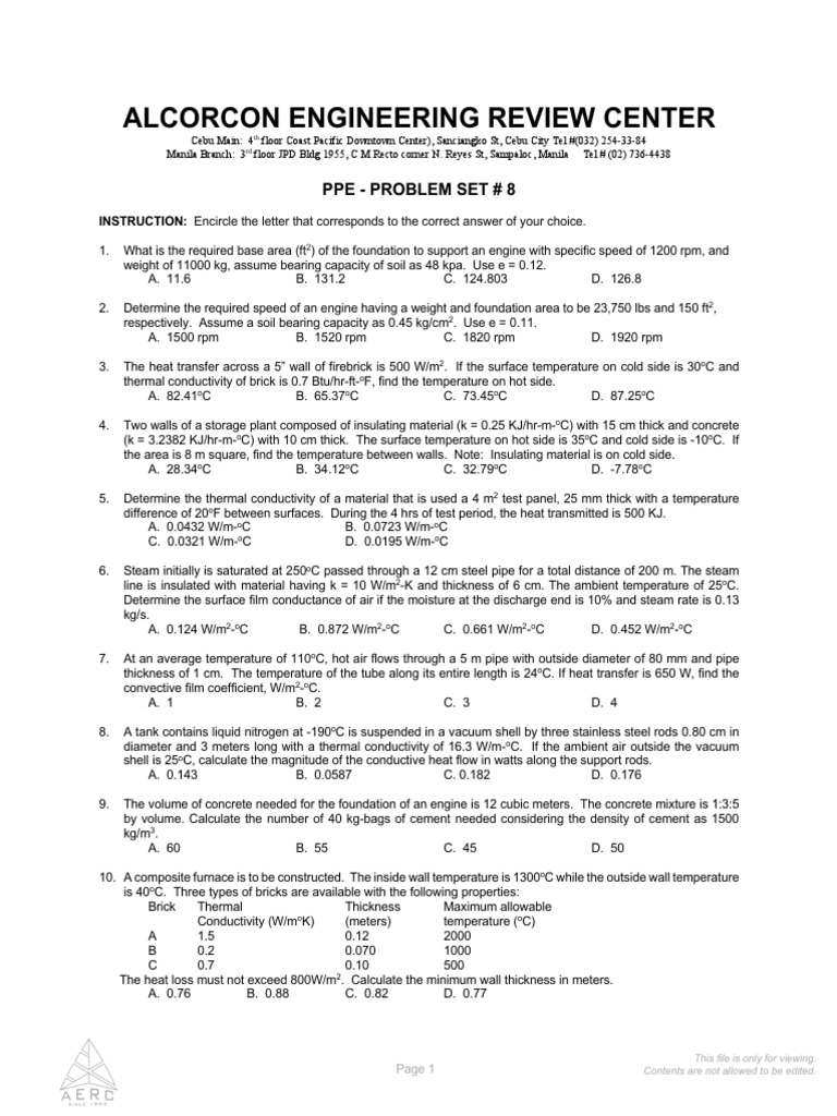 Alcorcon Engineering Review Center: Ppe - Problem Set # 8 | PDF | Heat Transfer | Heat Exchanger