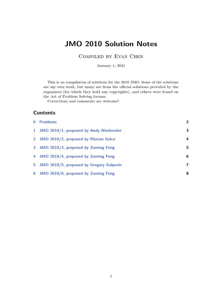JMO 2010 Solution Notes: Compiled by Evan Chen | PDF | Triangle ...