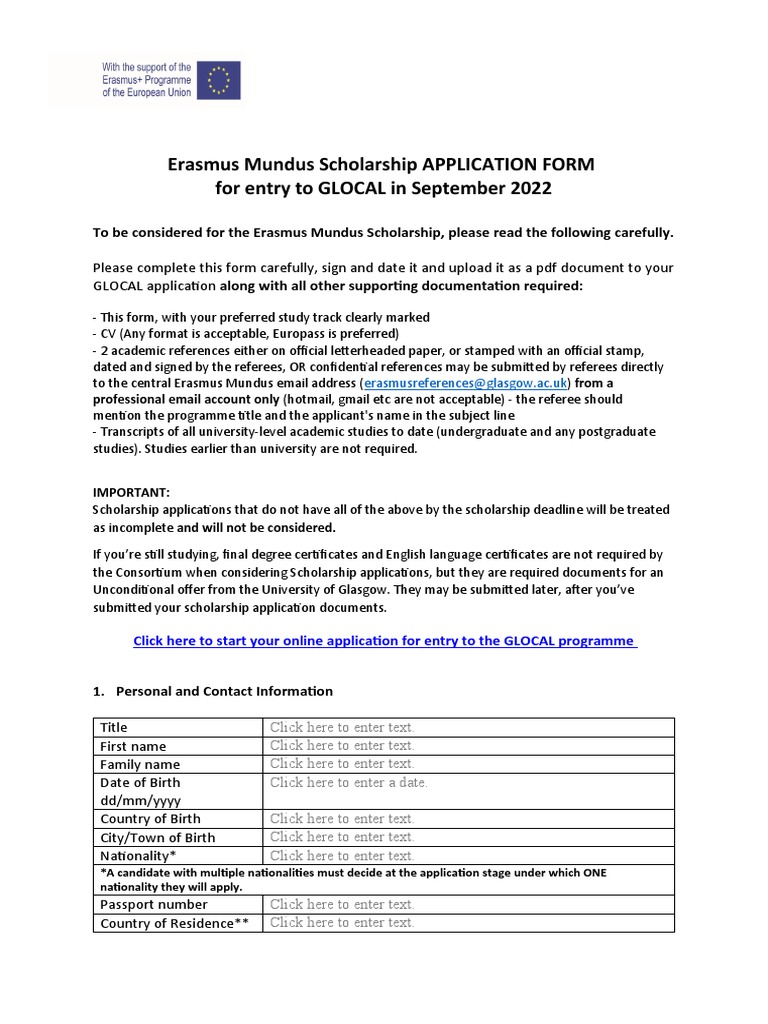 Erasmus Mundus Scholarship Application Form 2022 Entry 1 | PDF ...