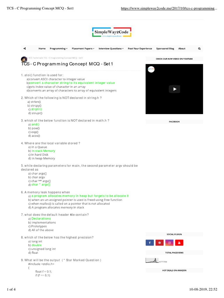 Tcs C Programming Concept Mcq Set1 Pdf Pointer Computer Programming Subroutine