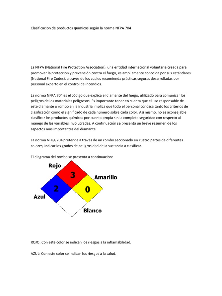 Clasificación de productos químicos según la norma NFPA 704