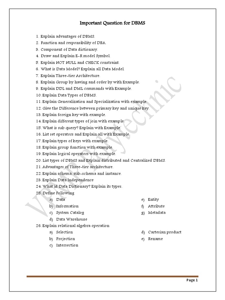 Important Question For DBMS | PDF | Databases | Relational Model
