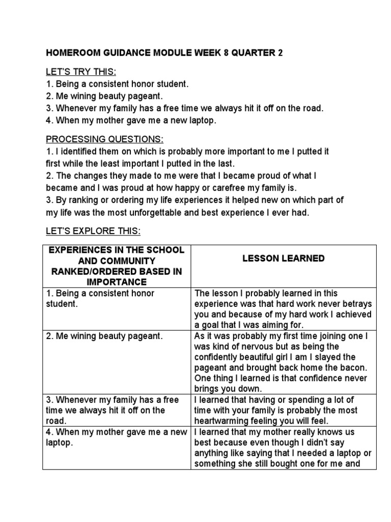 Homeroom Guidance Module Week 8 Quarter 2 | PDF | Psychological ...