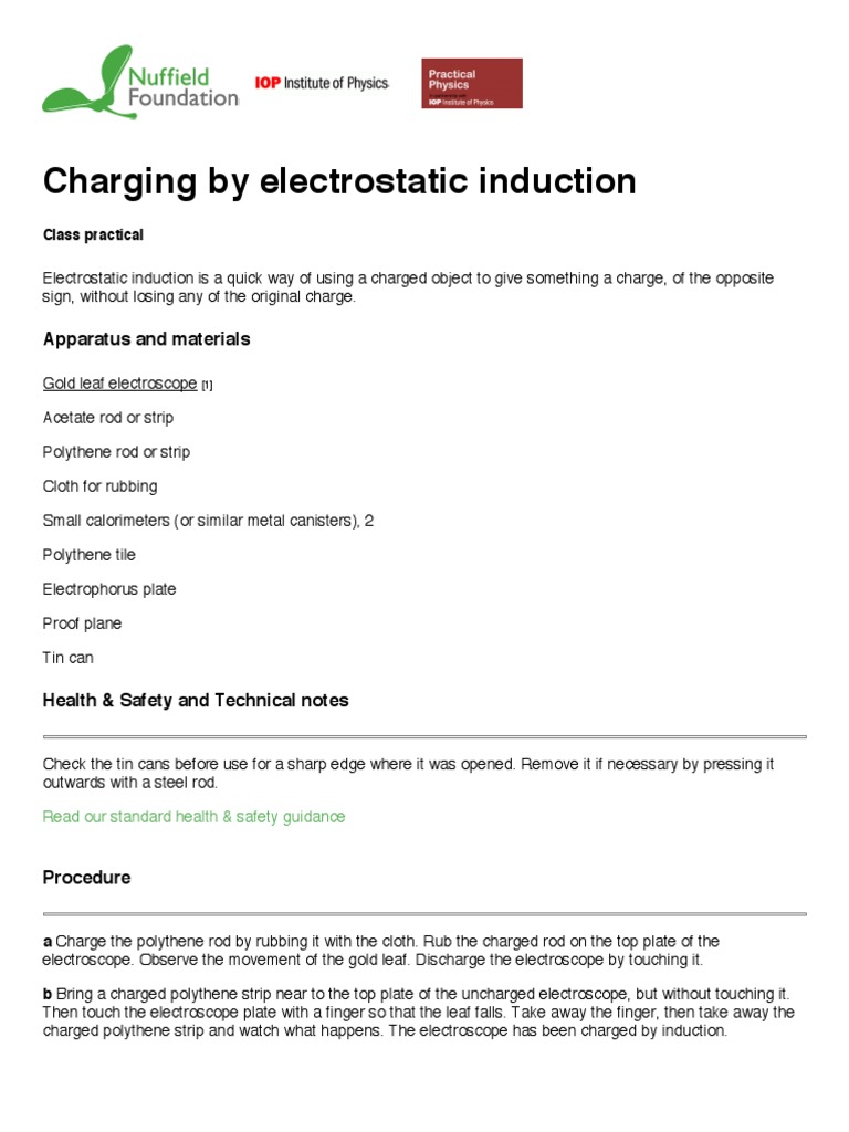 Charging an Electroscope by Induction | PDF | Electricity ...