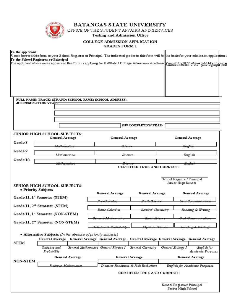 BatStateU College Application Grades Form Regular Admission | PDF ...