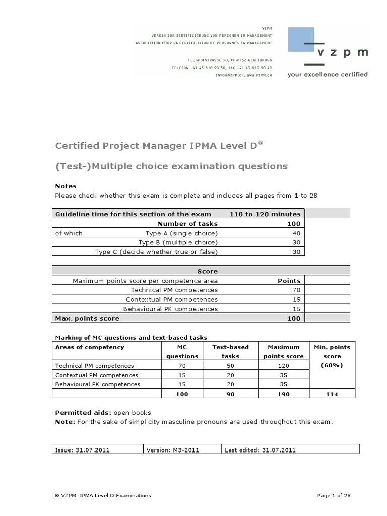 Certified Project Manager IPMA Level D (Test-) Multiple Choice ...