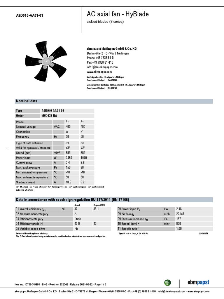 AC Axial Fan HyBlade S Series Specs | PDF | Electric Motor | Thermal ...