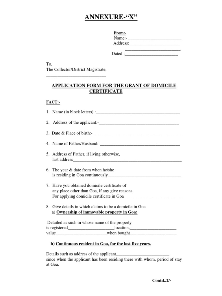 Annexure-"X": Application Form For The Grant of Domicile Certificate | PDF | Domicile (Law ...